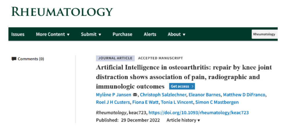 Rheumatology：骨关节炎中的人工智能，膝关节牵张修复显示疼痛、放射学和免疫结果的相关性-德医学院-助力医学教育发展！